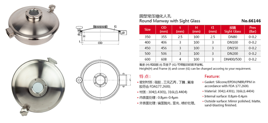 Sanitary Stainless Steel Sanitary Round Manhole with Sight Glass ...